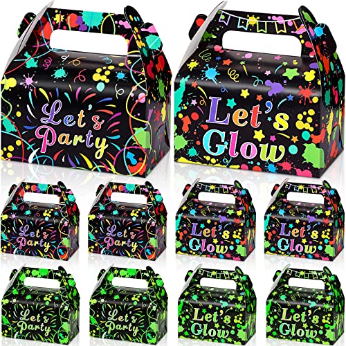 24 Pcs Glow in The Dark Box Supplies Glow Neon Themed Treat Bags with Handle Glow Party Candy Blacklight Boxes for Glow in The Dark Birthday Party Decoration Supplies, 2 Styles