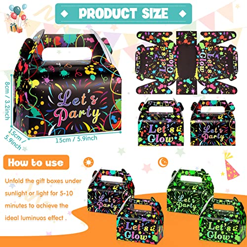 24 Pcs Glow in The Dark Box Supplies Glow Neon Themed Treat Bags with Handle Glow Party Candy Blacklight Boxes for Glow in The Dark Birthday Party Decoration Supplies, 2 Styles