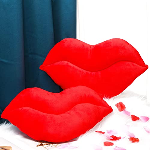 Yookeer 2 Pieces 3D Lip Shape Throw Pillows Plush Valentine Soft Velvet Lips Cushion Plush Large Pillows for Birthday Anniversary Living Room Bedroom Sofa Decoration, 20 x 11 Inches (Red)