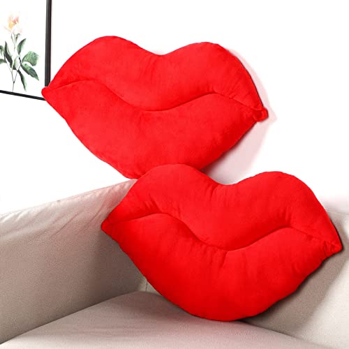 Yookeer 2 Pieces 3D Lip Shape Throw Pillows Plush Valentine Soft Velvet Lips Cushion Plush Large Pillows for Birthday Anniversary Living Room Bedroom Sofa Decoration, 20 x 11 Inches (Red)