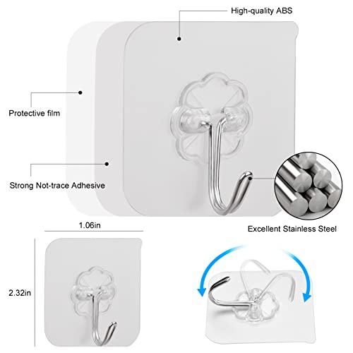 Small Adhesive Hooks Waterproof Heavy Duty Sticky Hooks 13.2lb(Max), Transparent Reusable Seamless Plastic Wall Hooks, Kitchen Bathroom Oilproof Ceiling Nail Free Improvement Sticky Hook 12 Pack