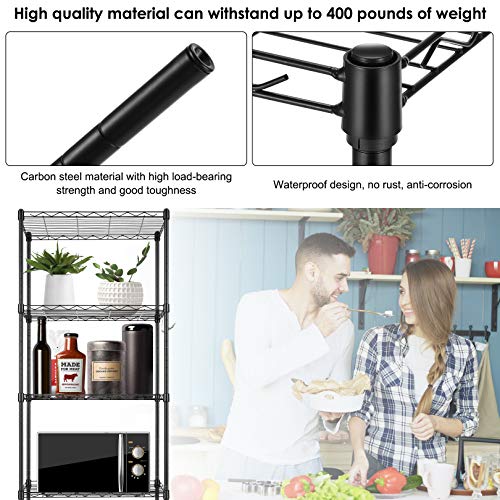 AMZOOM 5-Tier Steel Wire Shelving Unit, Adjustable Metal Shelves, Stainless Steel Storage Rack with Hooks and Leveling Feet, Suitable for Living Room Bathroom Garage Kitchen Pantry (Black)