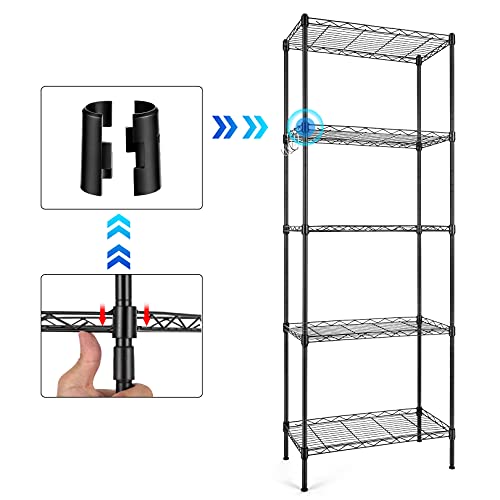 AMZOOM 5-Tier Steel Wire Shelving Unit, Adjustable Metal Shelves, Stainless Steel Storage Rack with Hooks and Leveling Feet, Suitable for Living Room Bathroom Garage Kitchen Pantry (Black)