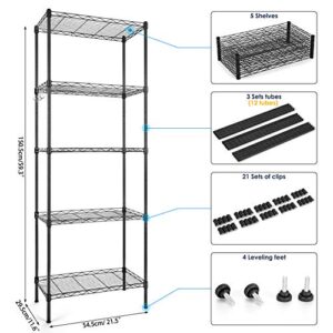 AMZOOM 5-Tier Steel Wire Shelving Unit, Adjustable Metal Shelves, Stainless Steel Storage Rack with Hooks and Leveling Feet, Suitable for Living Room Bathroom Garage Kitchen Pantry (Black)