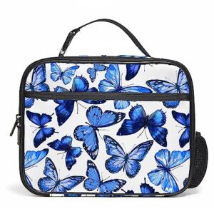 blue butterfly lunch box, cooler butterfly lunch bag with detachable buckle hand strap, large capacity durable lunch tote bag with side pocket for women mom girls (butterfly)