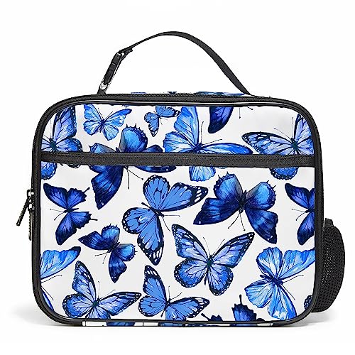 Blue Butterfly Lunch Box, Cooler Butterfly Lunch Bag with Detachable Buckle Hand Strap, Large Capacity Durable Lunch Tote Bag with Side Pocket for Women Mom Girls (Butterfly)