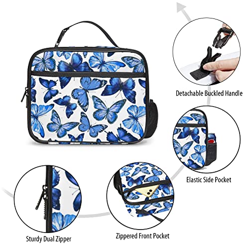 Blue Butterfly Lunch Box, Cooler Butterfly Lunch Bag with Detachable Buckle Hand Strap, Large Capacity Durable Lunch Tote Bag with Side Pocket for Women Mom Girls (Butterfly)