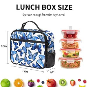 Blue Butterfly Lunch Box, Cooler Butterfly Lunch Bag with Detachable Buckle Hand Strap, Large Capacity Durable Lunch Tote Bag with Side Pocket for Women Mom Girls (Butterfly)