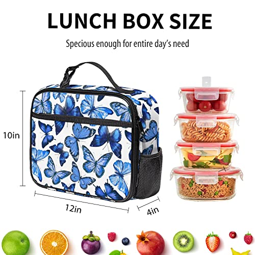 Blue Butterfly Lunch Box, Cooler Butterfly Lunch Bag with Detachable Buckle Hand Strap, Large Capacity Durable Lunch Tote Bag with Side Pocket for Women Mom Girls (Butterfly)