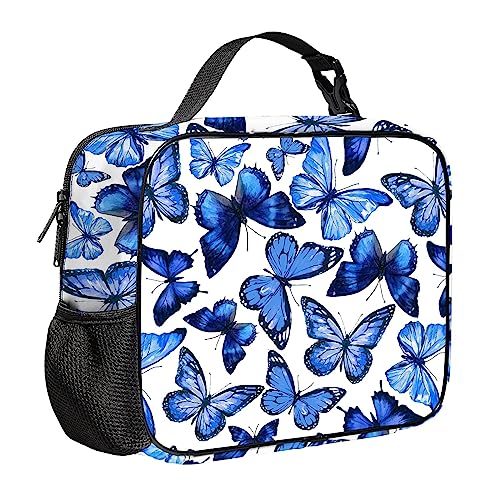 Blue Butterfly Lunch Box, Cooler Butterfly Lunch Bag with Detachable Buckle Hand Strap, Large Capacity Durable Lunch Tote Bag with Side Pocket for Women Mom Girls (Butterfly)