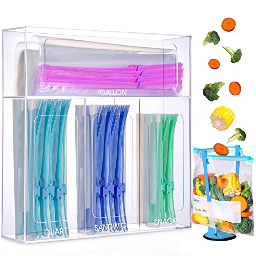 Clear Storage Bag Organizer For Drawer or Wall with Baggy Rack Holder, Plastic Bag Holder, Acrylic Plastic Bag Organizer for Slider Quart Bags, Sandwich Bag Organizer and Compatible with Ziplock Bags