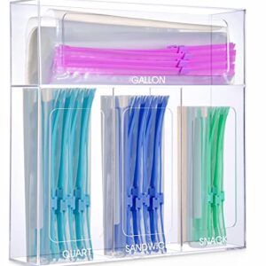 Clear Storage Bag Organizer For Drawer or Wall with Baggy Rack Holder, Plastic Bag Holder, Acrylic Plastic Bag Organizer for Slider Quart Bags, Sandwich Bag Organizer and Compatible with Ziplock Bags