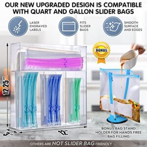 Clear Storage Bag Organizer For Drawer or Wall with Baggy Rack Holder, Plastic Bag Holder, Acrylic Plastic Bag Organizer for Slider Quart Bags, Sandwich Bag Organizer and Compatible with Ziplock Bags