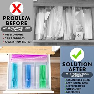 Clear Storage Bag Organizer For Drawer or Wall with Baggy Rack Holder, Plastic Bag Holder, Acrylic Plastic Bag Organizer for Slider Quart Bags, Sandwich Bag Organizer and Compatible with Ziplock Bags