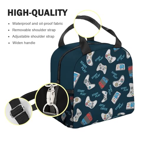 Video Game Lunch Box Gaming Lunch Bag for Boys Kids Gamer Lunch Bags with Shoulder Strap Insulated Lunchbox Fashion Durable Waterproof Lunch Tote Bags for School Work