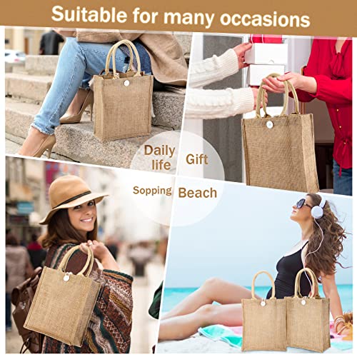 10 Pcs Burlap Tote Bags with Handles and Button Reusable Grocery Bags Blank Bridesmaid Gift Bags for Shopping Wedding Party Beach Favors, 11 x 9.4 x 4 Inch (Khaki)