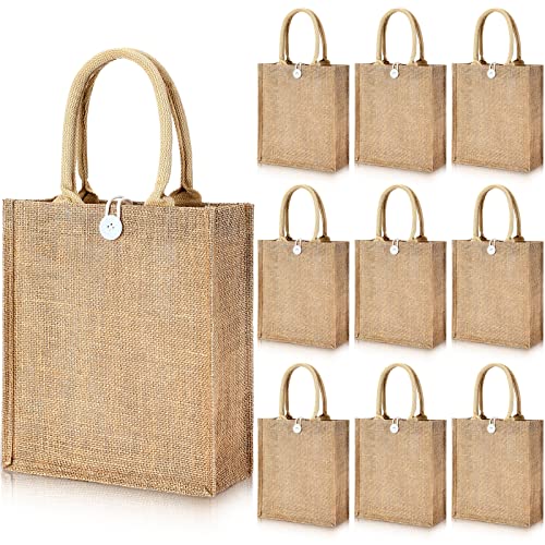 10 Pcs Burlap Tote Bags with Handles and Button Reusable Grocery Bags Blank Bridesmaid Gift Bags for Shopping Wedding Party Beach Favors, 11 x 9.4 x 4 Inch (Khaki)