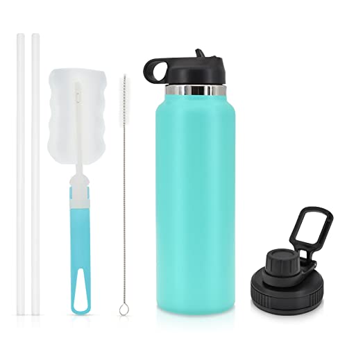 Stainless Steel Water Bottle With Straw Lid, 40 oz Sports Water Bottle Vacuum Insulated Hydro Flask Wide Mouth Thermos with New Rotating Handle Spout Lid (40oz, Blue)