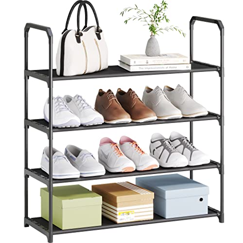 Hockmez Stackable Shoe Rack Organizer 4 Tiers, Expandable & Adjustable Non Woven Fabric Shoe Shelf Storage 12-16 Pairs for Closet Bedroom Entryway （Black）