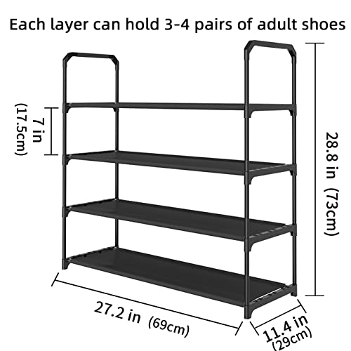 Hockmez Stackable Shoe Rack Organizer 4 Tiers, Expandable & Adjustable Non Woven Fabric Shoe Shelf Storage 12-16 Pairs for Closet Bedroom Entryway （Black）