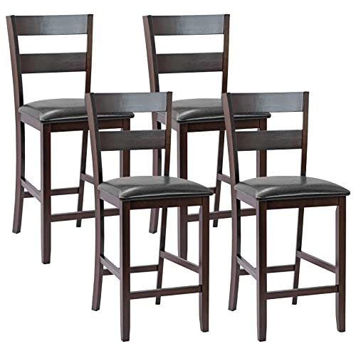 COSTWAY Set of 4 Bar Stools, 25” Counter Height Kitchen Dining Pub Chairs with Soft Padded Seat, PU Leather Cover & Rubber Wood Legs, Suitable for Dining Room, Restaurant & Cafe Store (4)