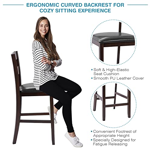 COSTWAY Set of 4 Bar Stools, 25” Counter Height Kitchen Dining Pub Chairs with Soft Padded Seat, PU Leather Cover & Rubber Wood Legs, Suitable for Dining Room, Restaurant & Cafe Store (4)