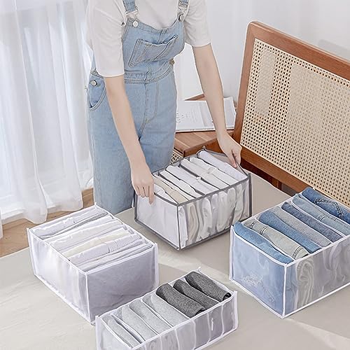 Washable Wardrobe Clothes Organizer, Upgraded 2Pcs Leggings T-Shirt Compartment Storage Box with Handles, 7 Grids Closet Organizers Storage, Foldable Drawer Mesh Separation Box for Bedroom(White)