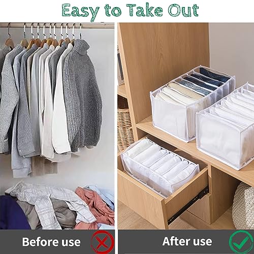 Washable Wardrobe Clothes Organizer, Upgraded 2Pcs Leggings T-Shirt Compartment Storage Box with Handles, 7 Grids Closet Organizers Storage, Foldable Drawer Mesh Separation Box for Bedroom(White)