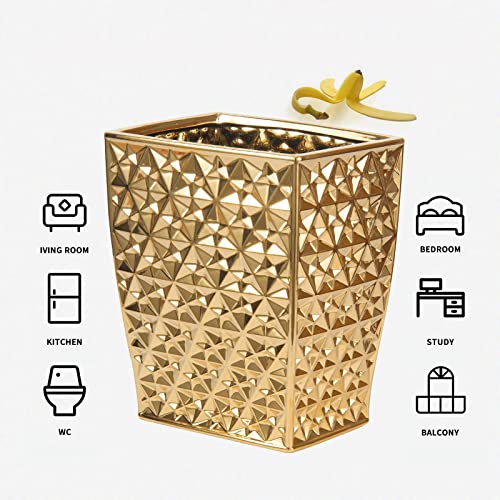 RXLVCKY Ceramic Rectangular Small 2.5 Gallon Trash Can - Wastebasket, Garbage Container Bin for Bathroom, Bedroom, Kitchen, Home Office, and Kids Room, Holds Waste, Recycling - Gold