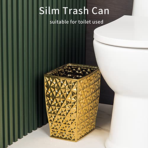 RXLVCKY Ceramic Rectangular Small 2.5 Gallon Trash Can - Wastebasket, Garbage Container Bin for Bathroom, Bedroom, Kitchen, Home Office, and Kids Room, Holds Waste, Recycling - Gold