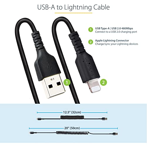 StarTech.com 50cm (20in) USB to Lightning Cable, MFi Certified, Coiled iPhone Charger Cable, Black, Durable TPE Jacket Aramid Fiber, Heavy Duty Coil Lightning Cable (RUSB2ALT50CMBC)