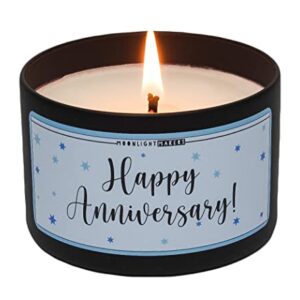 Moonlight Makers Happy Anniversary Candle, Caribbean Teakwood Scented Handmade Candle, Natural Soy Wax Candle, 25+ Hour Burn Time, 8oz Tin