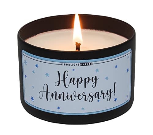 Moonlight Makers Happy Anniversary Candle, Caribbean Teakwood Scented Handmade Candle, Natural Soy Wax Candle, 25+ Hour Burn Time, 8oz Tin