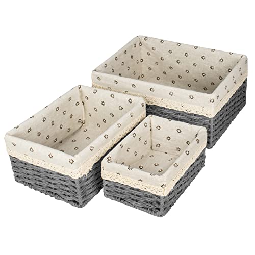 Storage Baskets for Shelves, Stackable Woven Baskets for Storage Set of 3 Handmade Imitation Wicker Baskets for Organizing with Removable Cotton Liner for Toilet Countertop Bedroom Livingroom Office Rectangle Decorative Storage Bins (Grey)