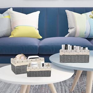 Storage Baskets for Shelves, Stackable Woven Baskets for Storage Set of 3 Handmade Imitation Wicker Baskets for Organizing with Removable Cotton Liner for Toilet Countertop Bedroom Livingroom Office Rectangle Decorative Storage Bins (Grey)