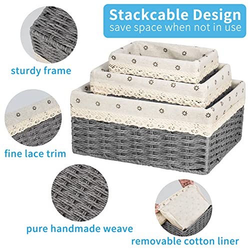 Storage Baskets for Shelves, Stackable Woven Baskets for Storage Set of 3 Handmade Imitation Wicker Baskets for Organizing with Removable Cotton Liner for Toilet Countertop Bedroom Livingroom Office Rectangle Decorative Storage Bins (Grey)