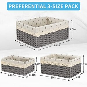 Storage Baskets for Shelves, Stackable Woven Baskets for Storage Set of 3 Handmade Imitation Wicker Baskets for Organizing with Removable Cotton Liner for Toilet Countertop Bedroom Livingroom Office Rectangle Decorative Storage Bins (Grey)