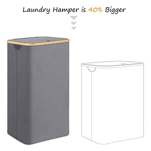 BRIAN & DANY Laundry Basket with Lid, Large Collapsible Laundry Baskets with Bamboo Handles, Laundry Hamper with Removable Bag Liner for Bathroom and Bedroom - Grey