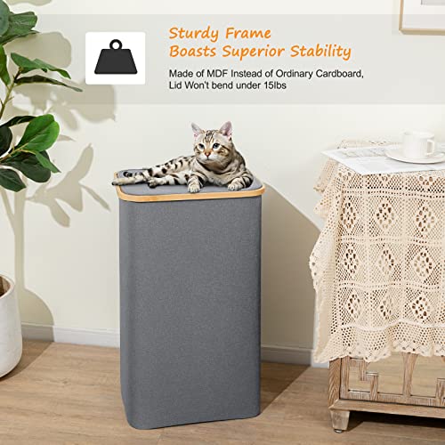 BRIAN & DANY Laundry Basket with Lid, Large Collapsible Laundry Baskets with Bamboo Handles, Laundry Hamper with Removable Bag Liner for Bathroom and Bedroom - Grey