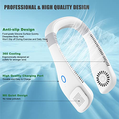 PomisGam Portable Neck Fan, 2022 Upgraded Hands Free Bladeless Fan,Long-Lasting & Rechargeable Battery Personal Fan,Rapid Cooling&Headphone Design,3 Speeds Adjustment,USB Powered Neck Fan-White