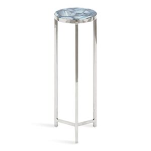 Kate and Laurel Aguilar Modern Round Drink Table, 8 x 8 x 23, Blue and Silver, Small Accent Table for Use as Plant Pedestal Stand with Agate Stone Tabletop