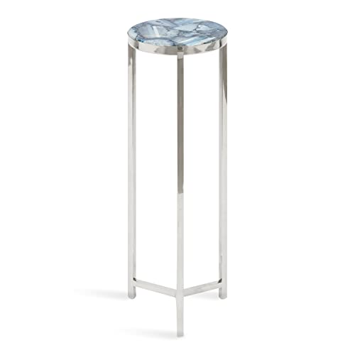 Kate and Laurel Aguilar Modern Round Drink Table, 8 x 8 x 23, Blue and Silver, Small Accent Table for Use as Plant Pedestal Stand with Agate Stone Tabletop