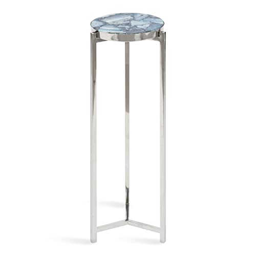 Kate and Laurel Aguilar Modern Round Drink Table, 8 x 8 x 23, Blue and Silver, Small Accent Table for Use as Plant Pedestal Stand with Agate Stone Tabletop