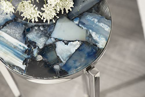 Kate and Laurel Aguilar Modern Round Drink Table, 8 x 8 x 23, Blue and Silver, Small Accent Table for Use as Plant Pedestal Stand with Agate Stone Tabletop