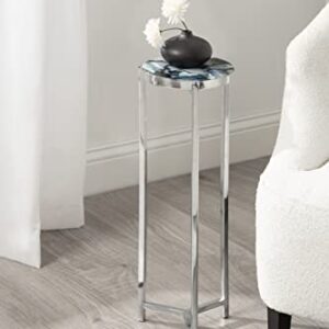 Kate and Laurel Aguilar Modern Round Drink Table, 8 x 8 x 23, Blue and Silver, Small Accent Table for Use as Plant Pedestal Stand with Agate Stone Tabletop