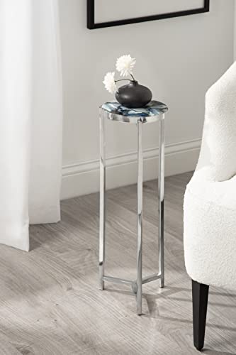 Kate and Laurel Aguilar Modern Round Drink Table, 8 x 8 x 23, Blue and Silver, Small Accent Table for Use as Plant Pedestal Stand with Agate Stone Tabletop