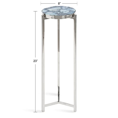 Kate and Laurel Aguilar Modern Round Drink Table, 8 x 8 x 23, Blue and Silver, Small Accent Table for Use as Plant Pedestal Stand with Agate Stone Tabletop