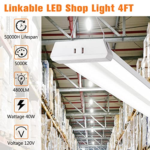 OOOLED 4FT Linkable LED Shop Light for Garages, 42W 4800LM 5000K Daylight LED Shop Lights, LED Ceiling Light with Pull Chain (ON/Off), Linear Worklight Fixture with Plug, 2 Pack