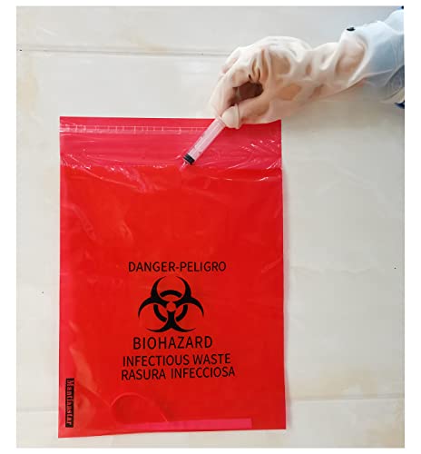 Mantianstar 100pcs Medical Grade No Leak Bags Stick On Biohazard Bags 10x14in/25x35cm Stick-on Infectious Red Waste Bags