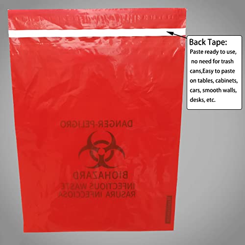 Mantianstar 100pcs Medical Grade No Leak Bags Stick On Biohazard Bags 10x14in/25x35cm Stick-on Infectious Red Waste Bags